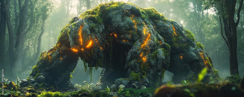 Giant rock golem, covered in moss and vines, with glowing cracks and a ...