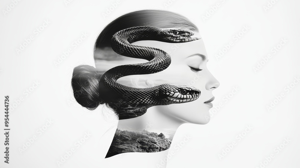 Integrating snake skin patterns with a woman's profile, producing a ...