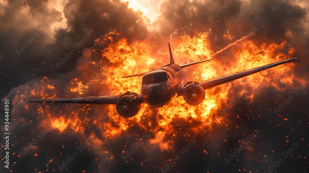 A dramatic scene of a classic airplane's engine failure, bursting into ...