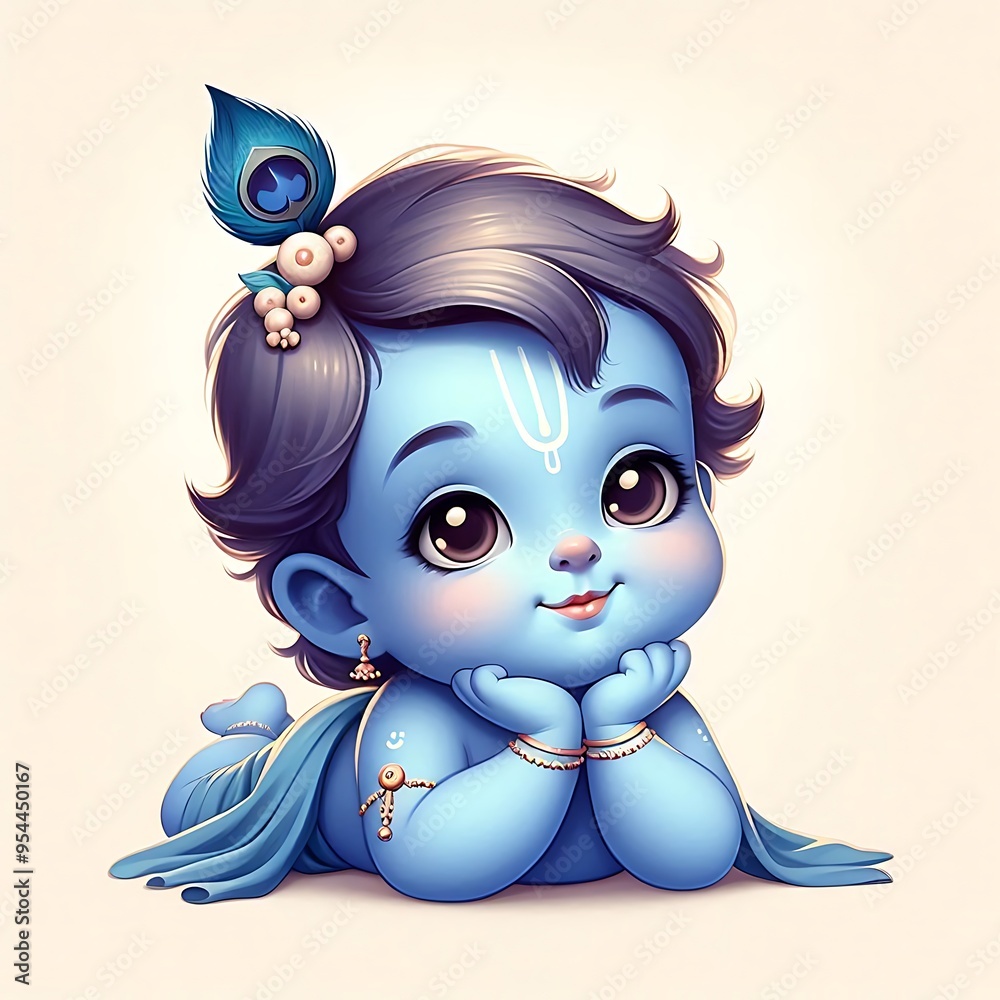 Adorable Baby Krishna with Blue Skin on a Light Background, Celebrating ...