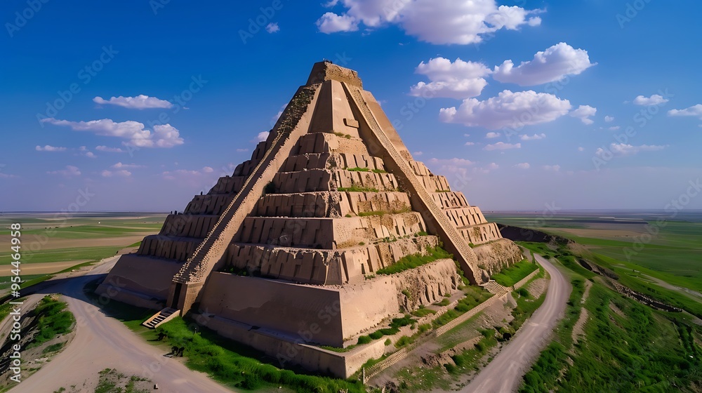 The ancient Mesopotamian ziggurat, standing tall in the arid desert of ...