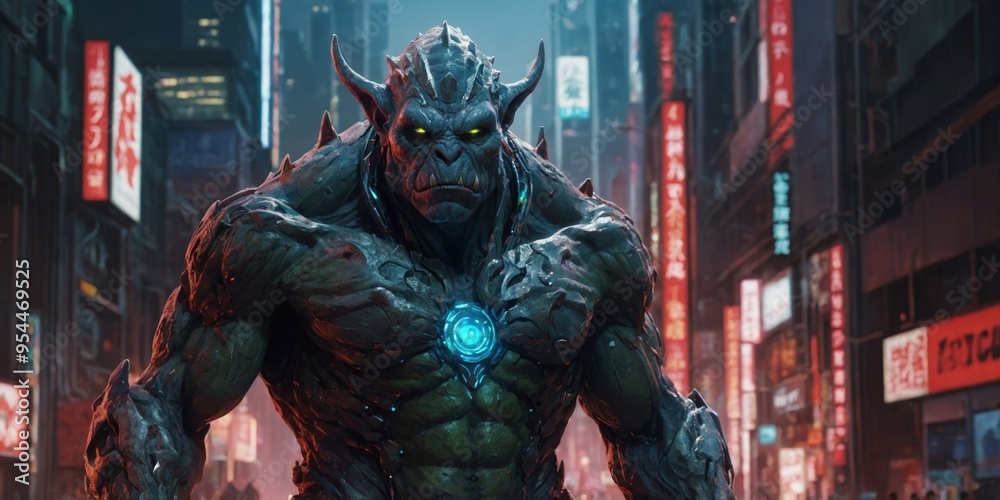 A shimmering, metallic orc-like creature exudes an otherworldly aura in ...