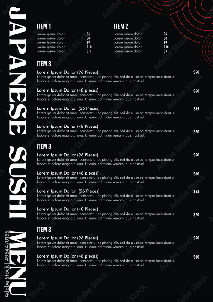 Restaurant vertical colored sushi menu. Sushi menu for restaurant and ...