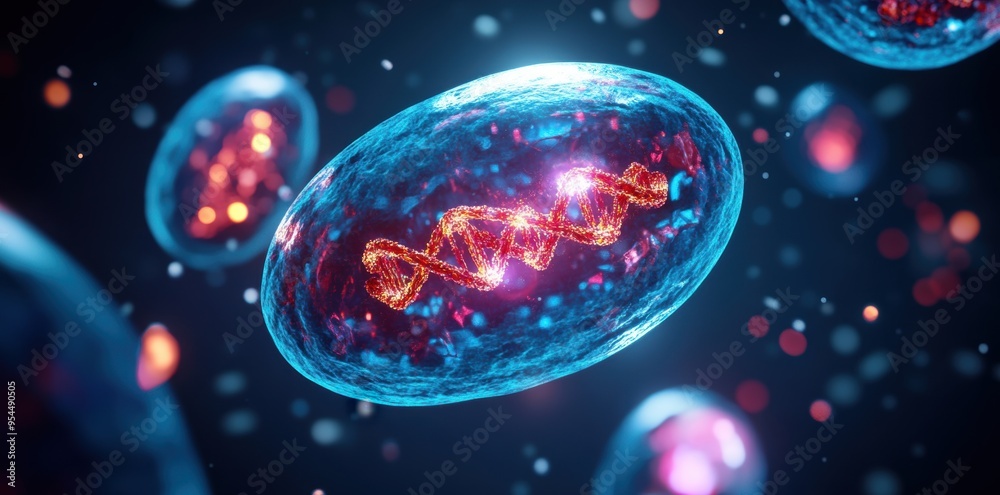 3D model of animal cells with a focus on DNA structures inside ...