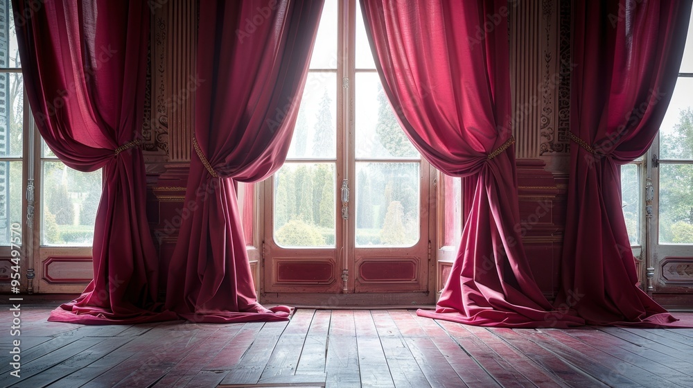 Curtains: Rich burgundy, floor-length drapes made from thick, light ...