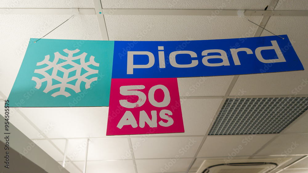Picard 50 ans logo brand and text sign on wall entrance shop facade ...