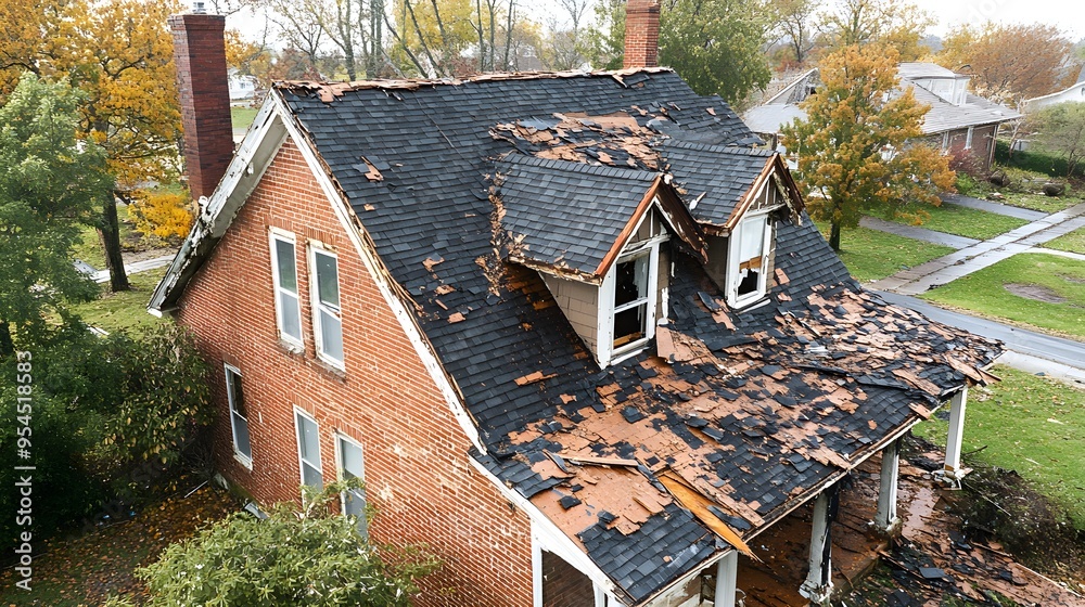 Daylight image of a suburban house with a damaged shingle roof, showing ...
