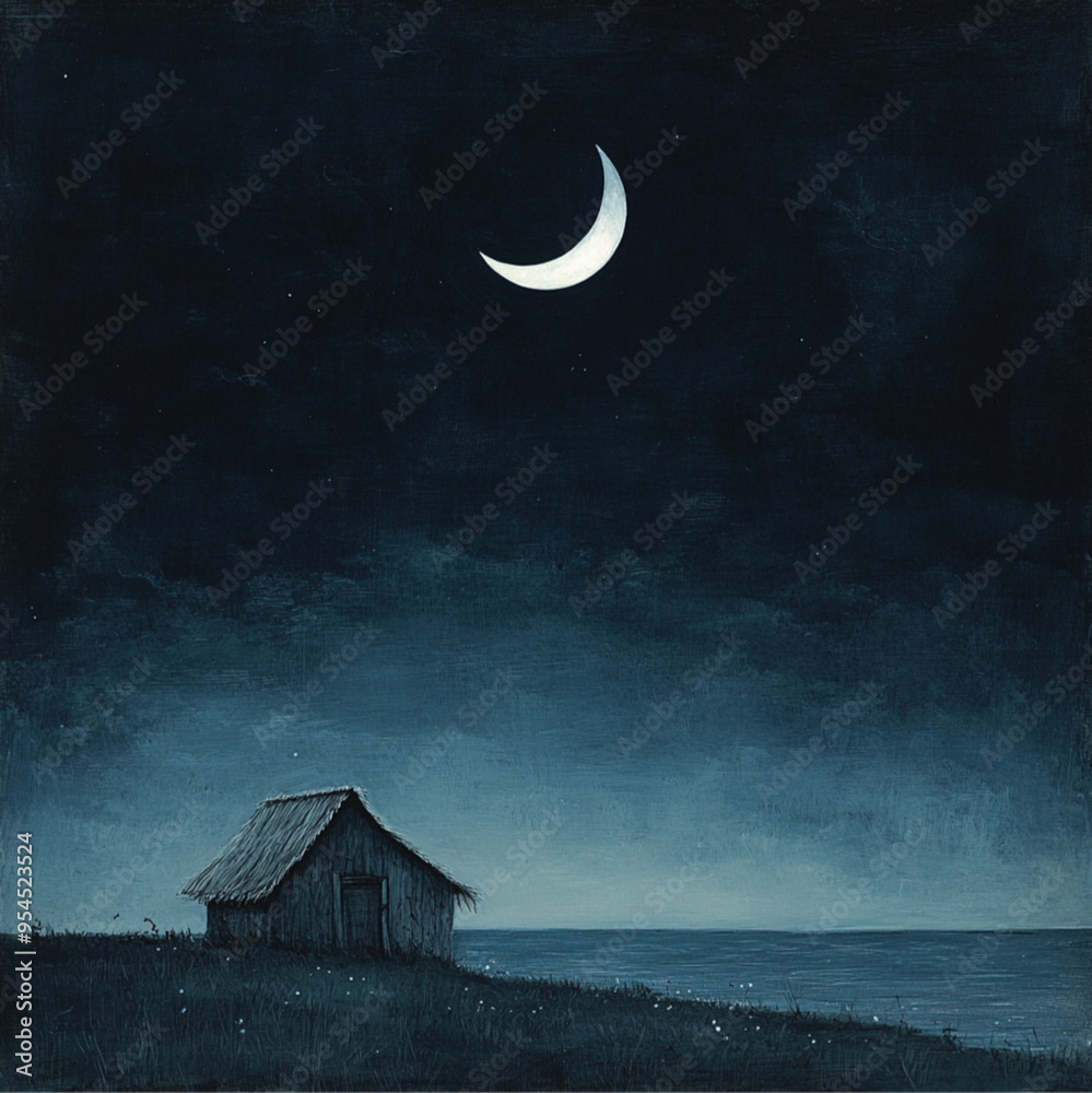 Only one crescent moon floating in the navy sky, thatched house beneath ...