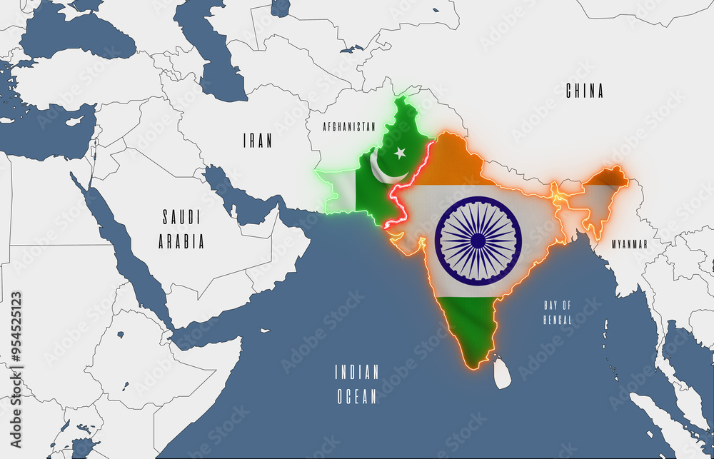 India and Pakistan on the map in the colors of national flags. The long ...