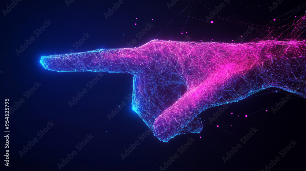 An abstract digital hand pointing, depicted with forefinger in polygons ...