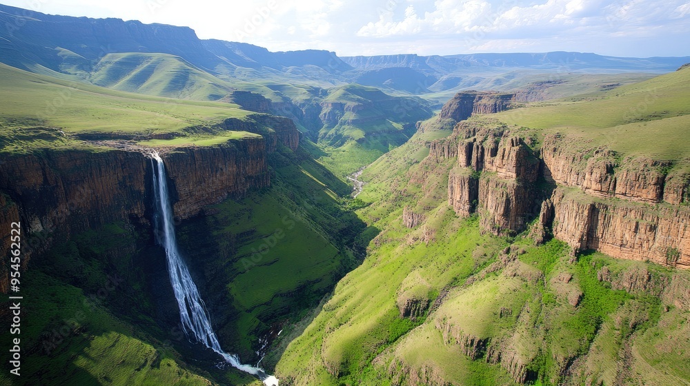 Bird's-eye view of the expansive vistas of the Drakensberg Amphitheatre ...