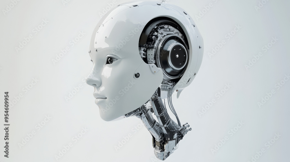 AI robot head with a digital brain engine inside, isolated on a white background. 3D rendering ...