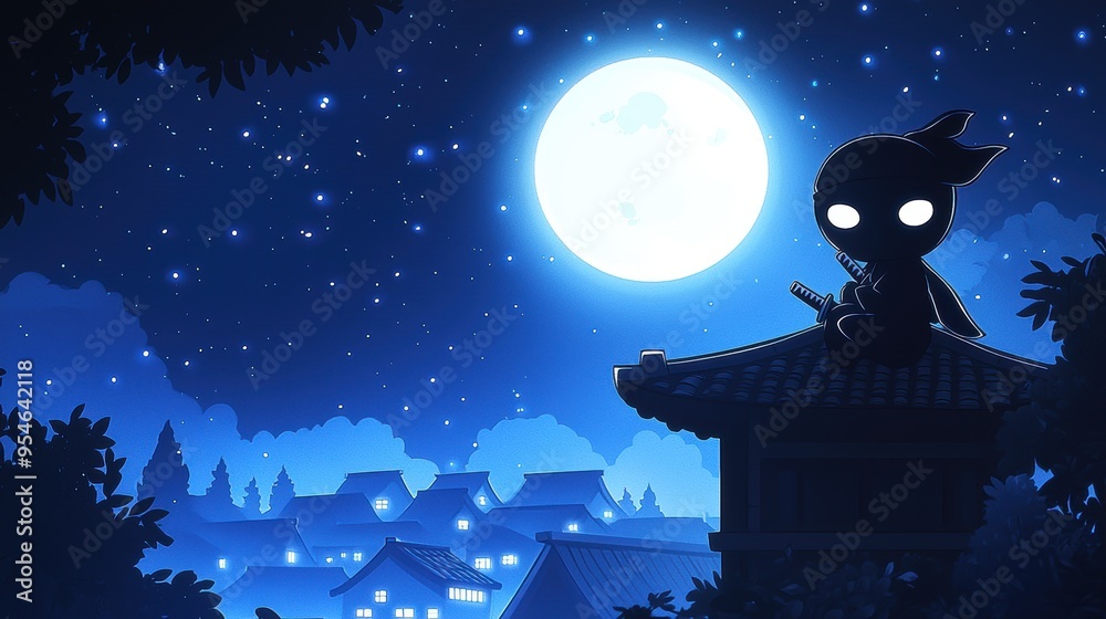 Cartoon. Ninja on the roof The sky was full of moonlight and stars and ...
