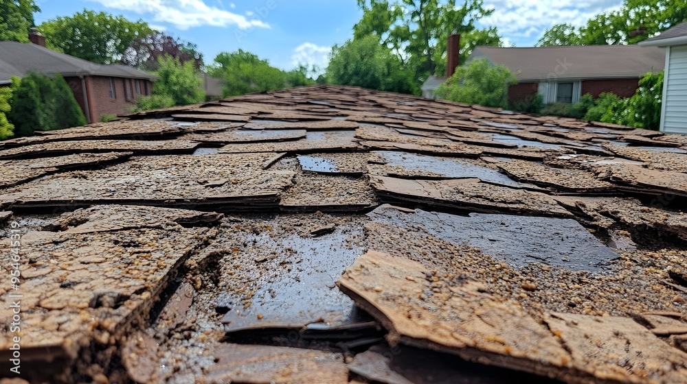 Perspective view of a damaged shingle roof with cracks, dents, and some ...