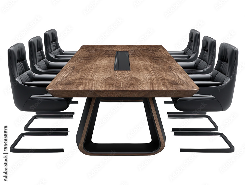 Conference table with black chairs arranged, isolated on white ...