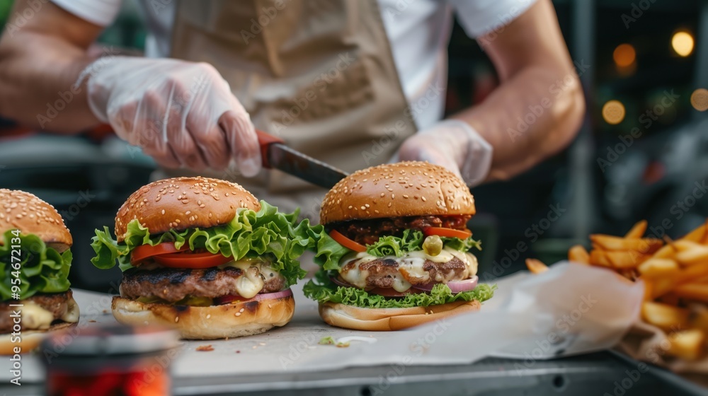 Fast food. Street food. Street cook cooks Burger. Cheeseburger ...