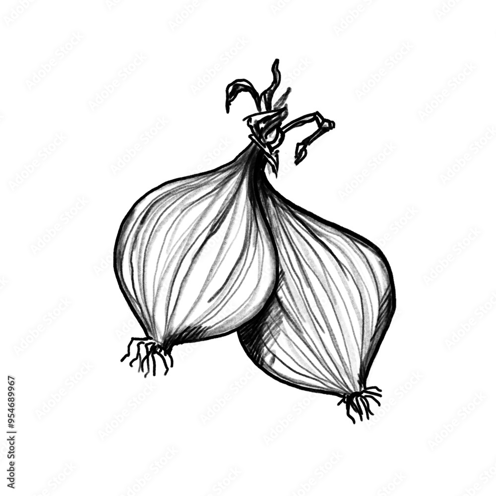 Onion, Vegetable, Hand drawn illustration, black pencil drawing ...