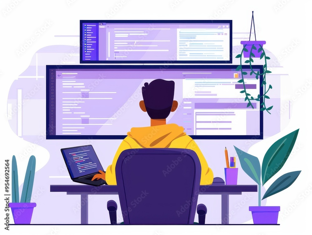 Programmer integrating API with website on a dual monitor setup ... Programmer integrating API with website on a dual monitor setup ...