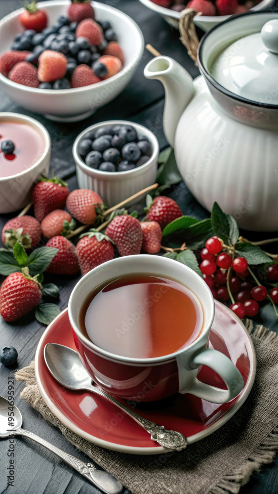 The afternoon tea party set up with a teapot, tea cup, dried herbs, and ...
