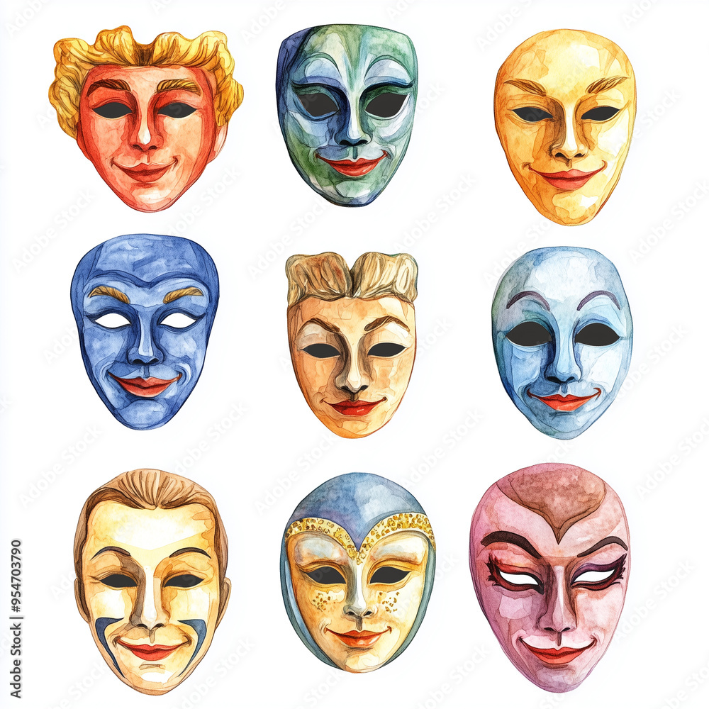 Collection of comedy masks of theater actors, watercolor clipart ...