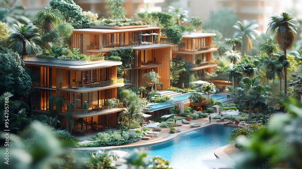 Blueprint of luxury apartment complex with rooftop gardens swimming ...