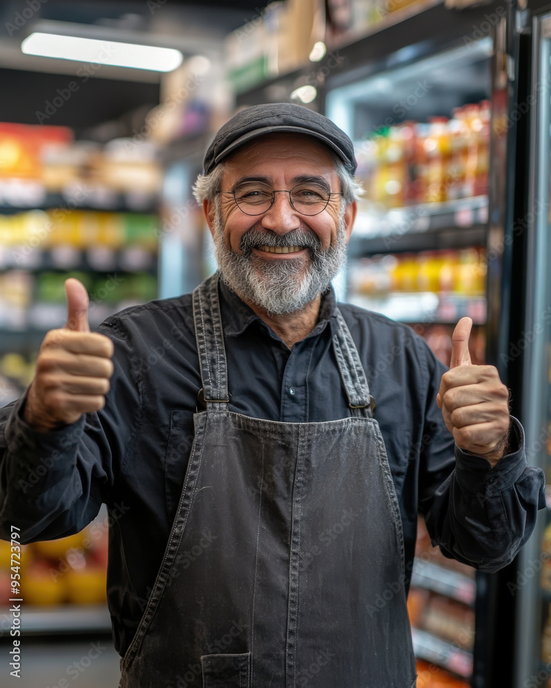 70 year old supermarket employee wearing supermarket uniform, holding ...
