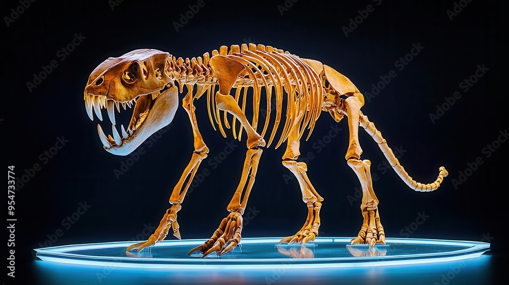 Saber-toothed tiger skeleton displayed in a museum, dramatic lighting ...