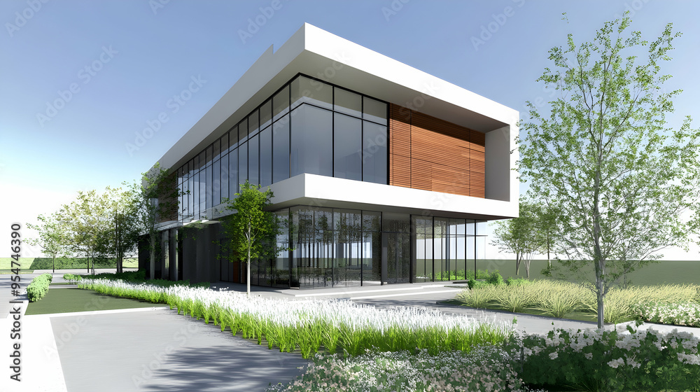 A two-story modern office building featuring a small industrial ...
