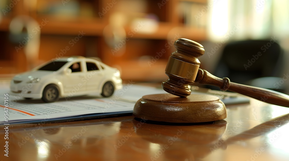 Gavel and car model on a desk with a blurry office background. This ...