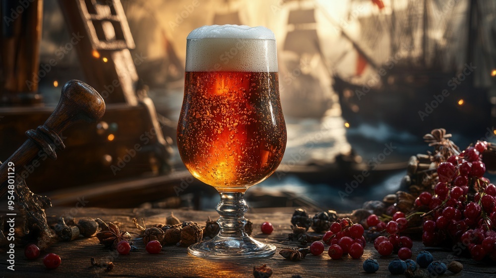 Beer Glass with Foam, Berries, and Spices in Front of Pirate Ship Helm ...