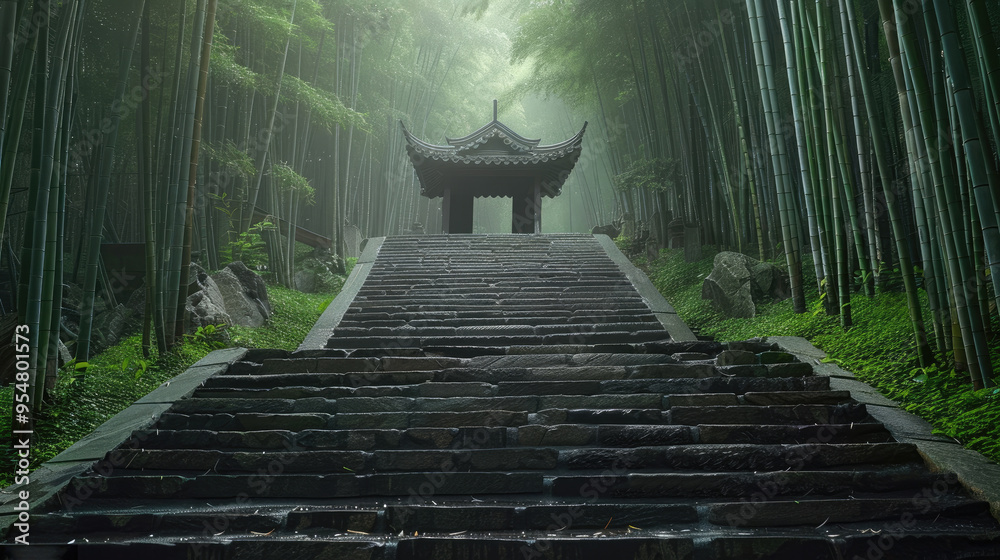 Traditional Chinese scenes, with a long stone staircase extending all ...