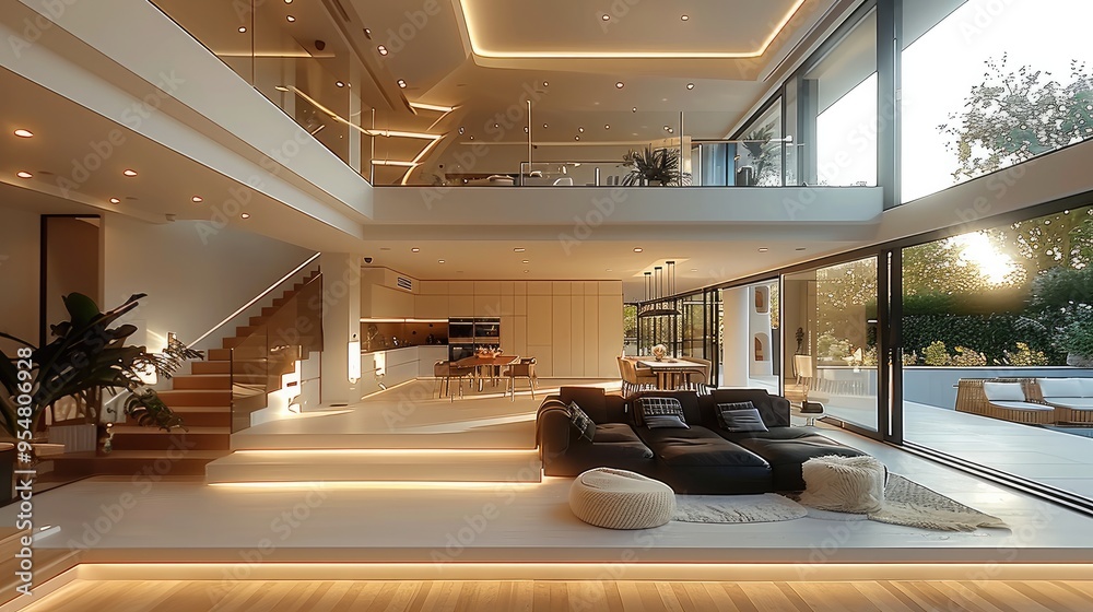 Luxurious modern house interior, white and wood color scheme, tall ...