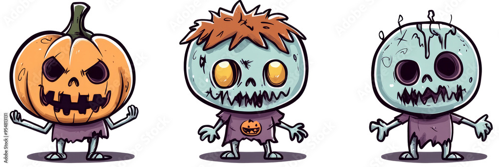 Cute Halloween zombie clipart illustration set featuring three doodle ...