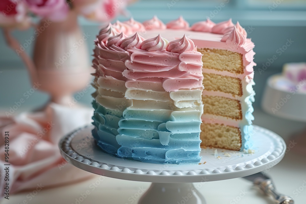 Pastel ombre layer cake with pink, white, and blue frosting, featuring ...