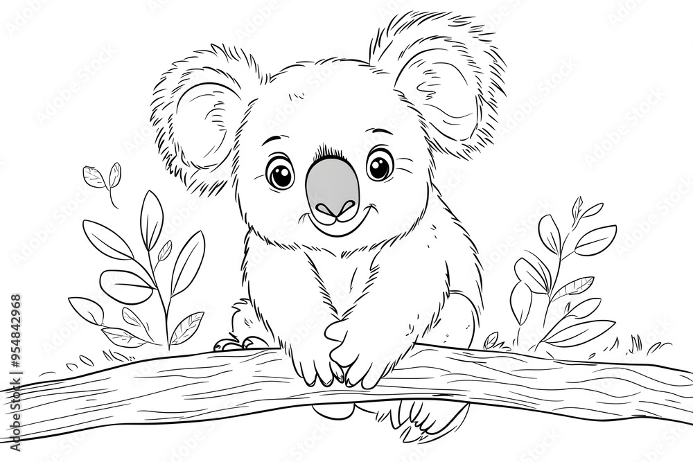 Cartoon koala black and white coloring page for kids on white ...