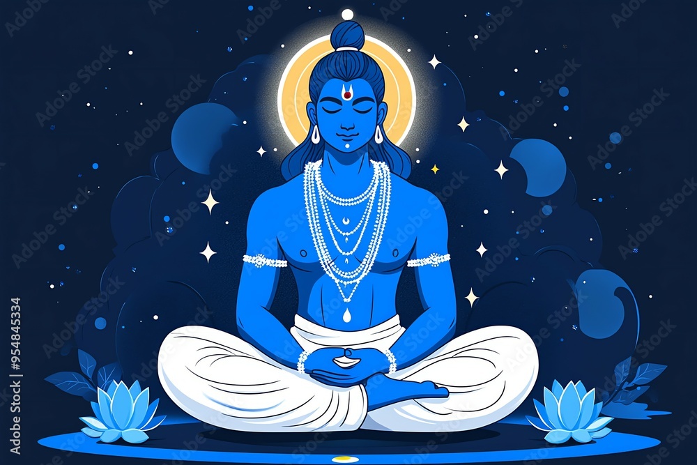 Krishna meditating in a serene and peaceful pose, illustrated in a flat ...
