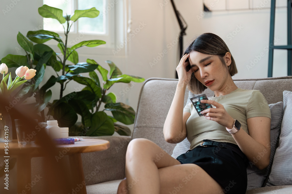 Young Woman Sitting on Couch Holding Medication Blister Pack, Looking ...
