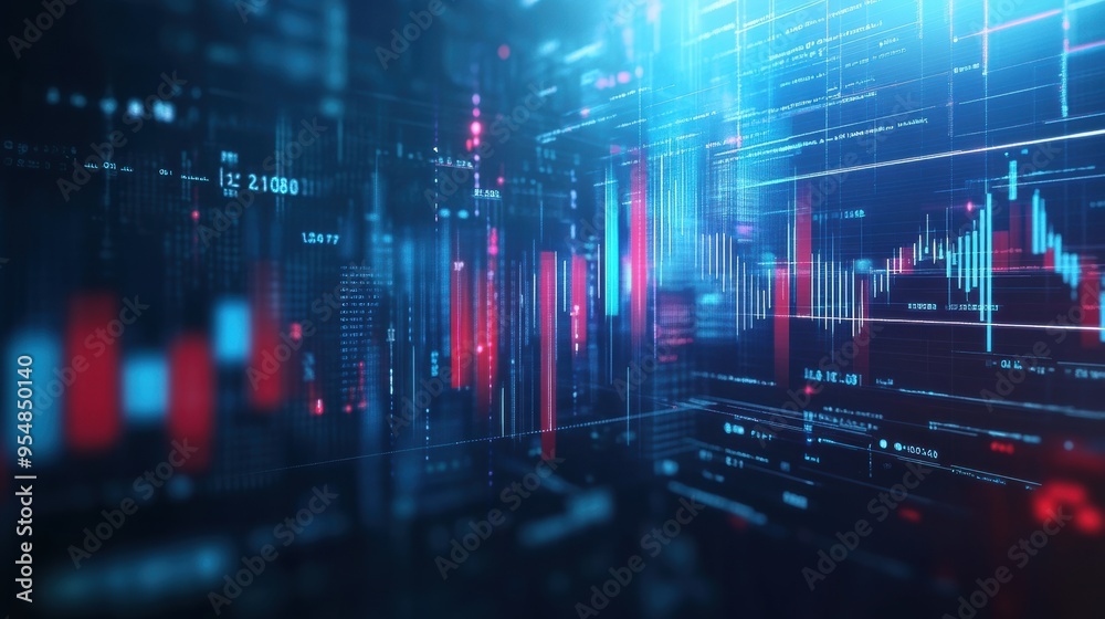 Digitally rendered 3D animation of dynamic financial graphs with fluctuating lines and bar ...