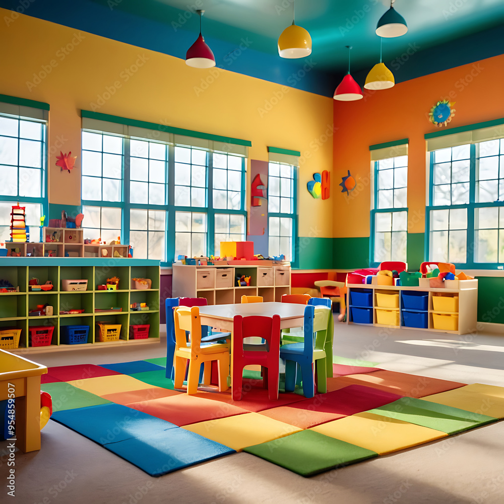Modern daycare empty nursery or preschool spacious interiors, classroom ...