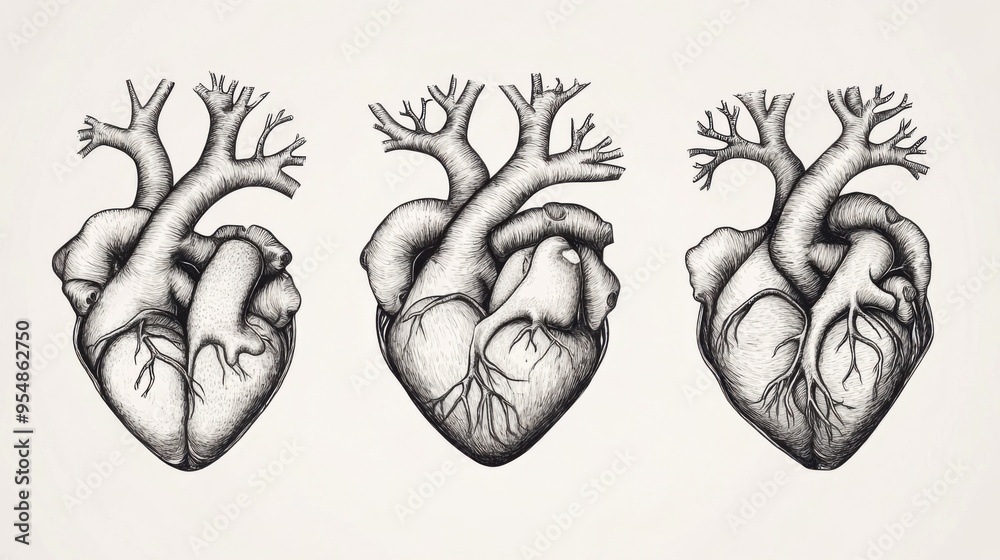 Detailed Black and White Outline of a Human Heart with Anatomical ...