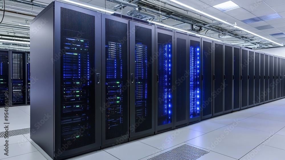High-tech server room featuring sleek server racks with blue lights in ...