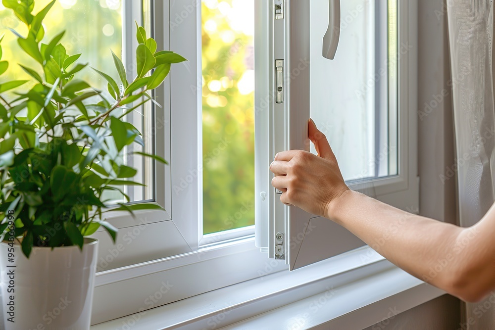 New plastic PVC window with white metal frame installed at modern house ...