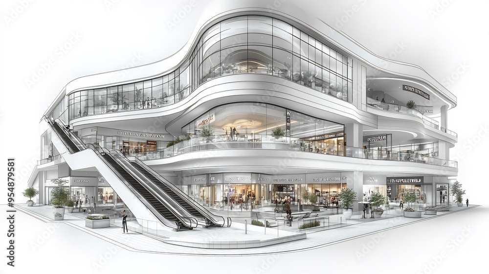 Ilustración de Stock Multistory shopping mall blueprint atriums ...