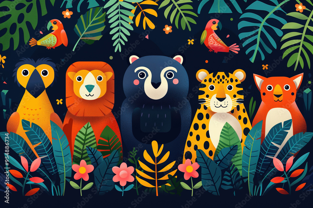 Cute endangered animals, birds amid flowers, plants. Bear, leopard ...