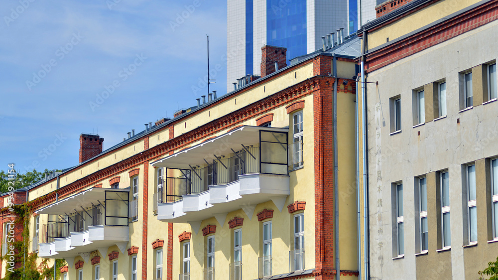 Contrast of old and new buildings in downtown . An ancient building ...