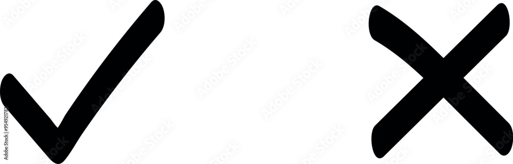 Sharp black and white checkmark and cross on isolated white background ...