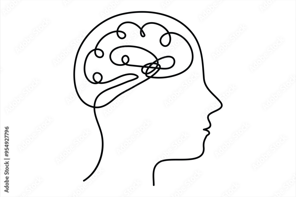 Continuous one line drawing of human brain. Hand drawn minimalism style ...