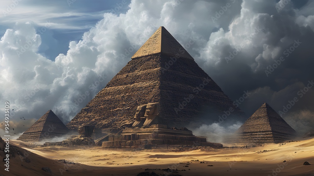 96. **Show the Pyramids of Giza with a dramatic sky filled with clouds ...