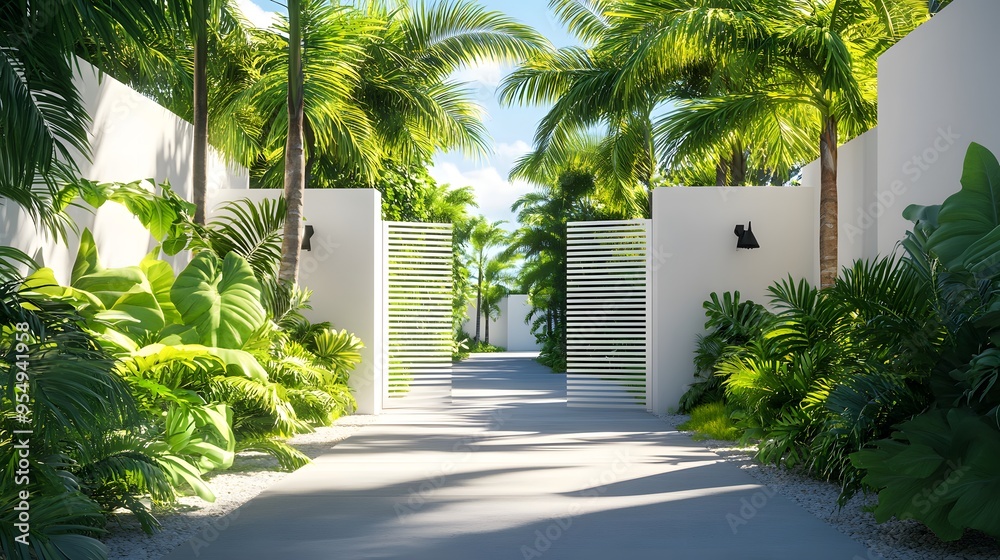 Modern white metal gate, horizontal slats, contemporary design, lush ...