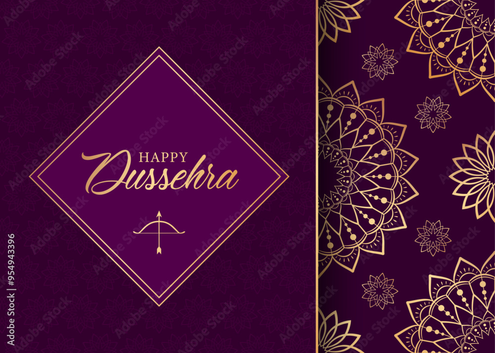 Golden text Happy Dussehra, arrow and bow on purple background with ...
